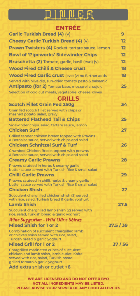 DINNER - Pipeworks Cafe